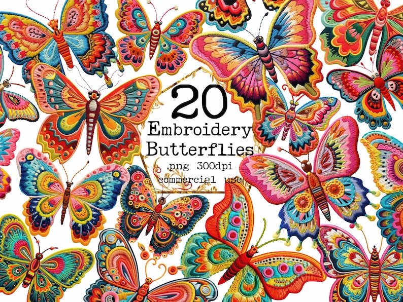 PNG Embroidery Butterflies Clipart Bundle Funky Retro Butterflies ...