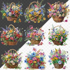 Watercolor Wild Flowers Baskets Clipart Bundle Spring Clipart ...