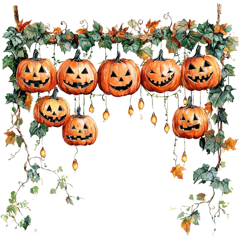 PNG + JPEG Watercolor Jack-o'-lantern Garland Clipart Bundle Watercolor ...