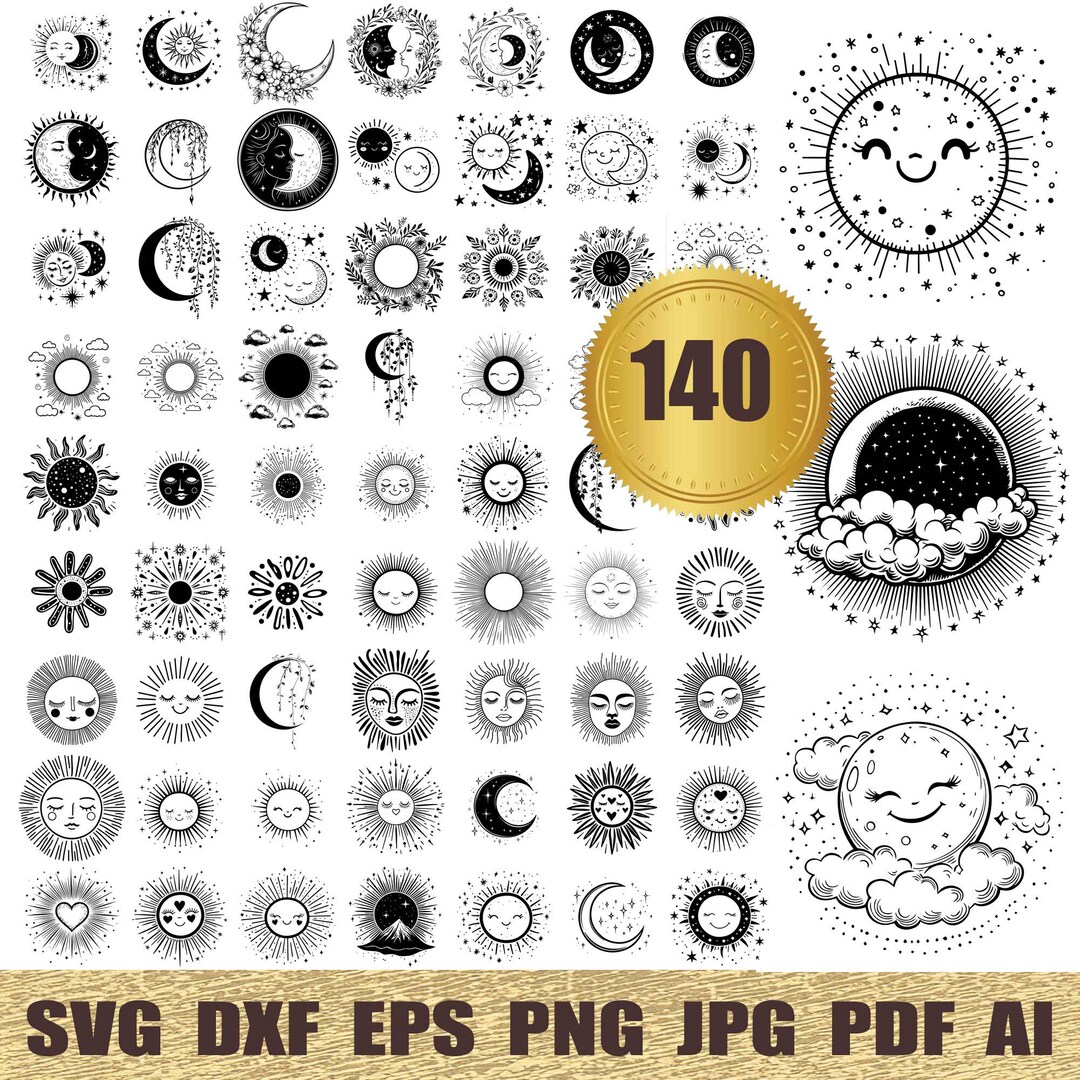 140 Sun and Moon Svg, Dxf, Eps, Ai, Pdf, Jpg, Png Mystical, Celestial ...