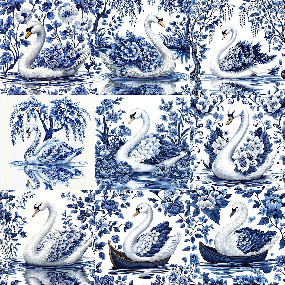JPEG Antique Swan Tiles Clipart Bundle Swan Mediterranean Tiles Ceramic ...