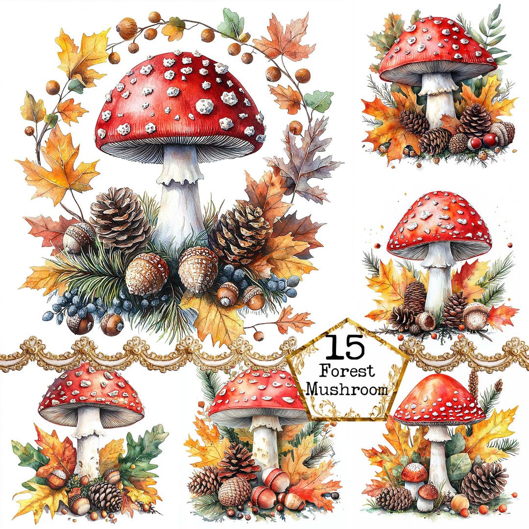 JPEG Magical Autumn Forest Mushroom Clipart Bundle Red Mushroom ...