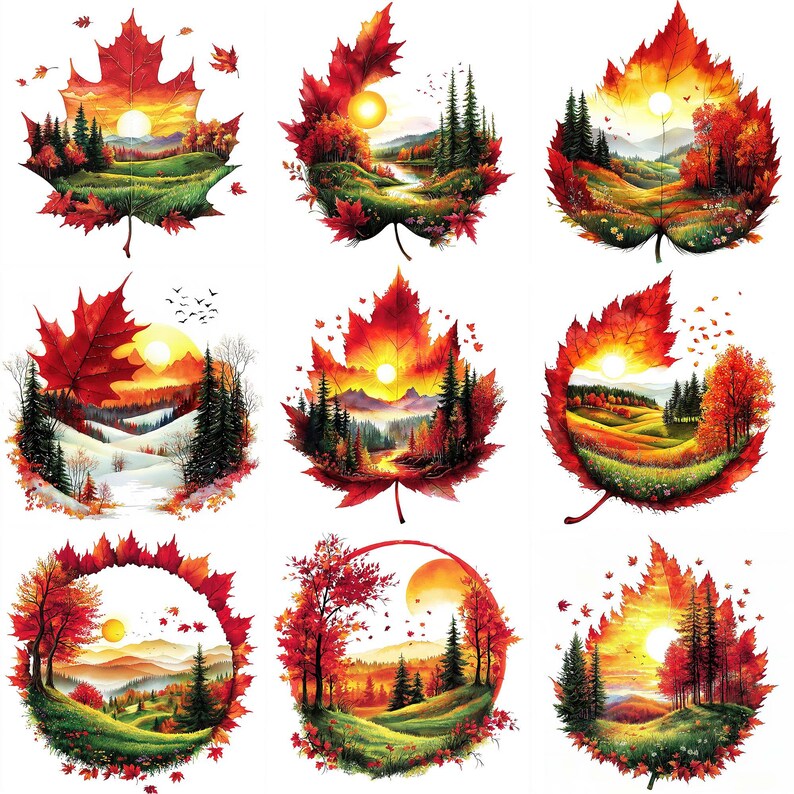 JPEG Autumn Leaf Sublimation Design Clipart Bundle Fall Scenery Autumn ...