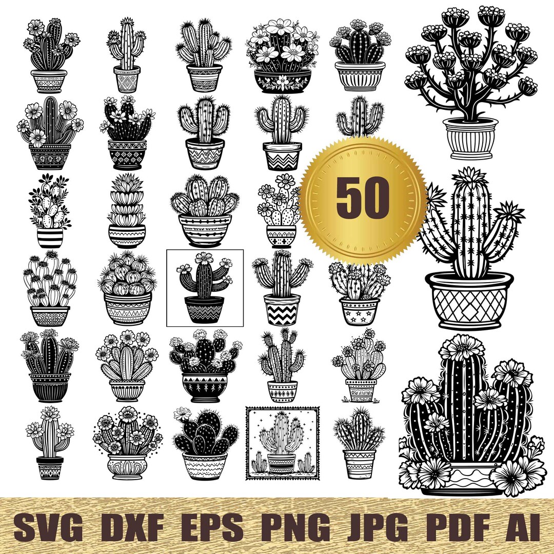 50 Cactus in a Pot Svg, Dxf, Eps, Ai, Pdf, Jpg, Png, Cactus Silhouette ...