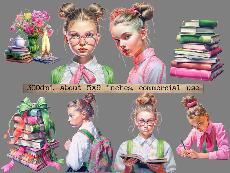 Watercolor Bookworm Clipart Set Fashion Girl PNG Digital - Etsy