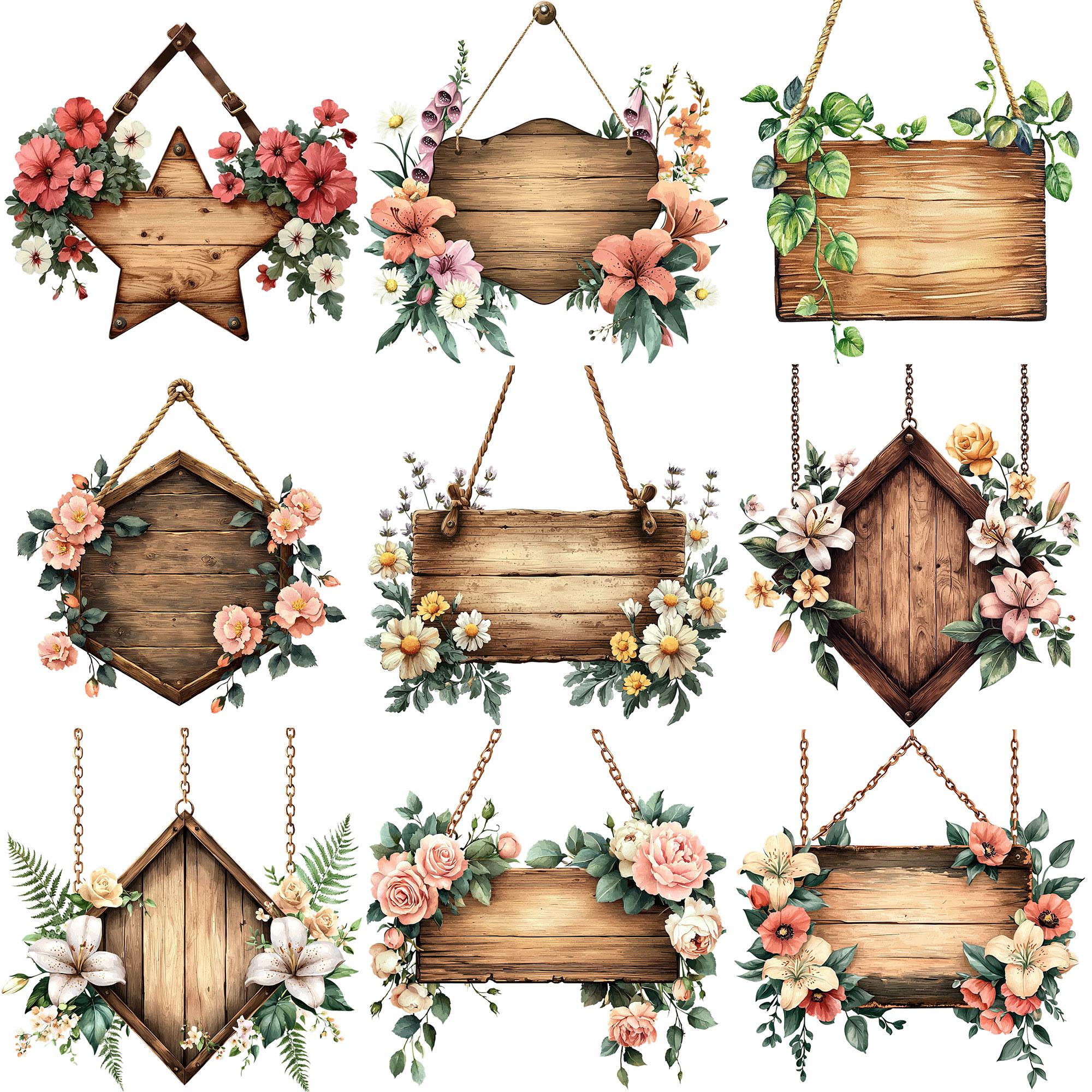 PNG + JPEG Watercolor Rustic Sign Clipart Bundle Old Wooden Floral Sign ...