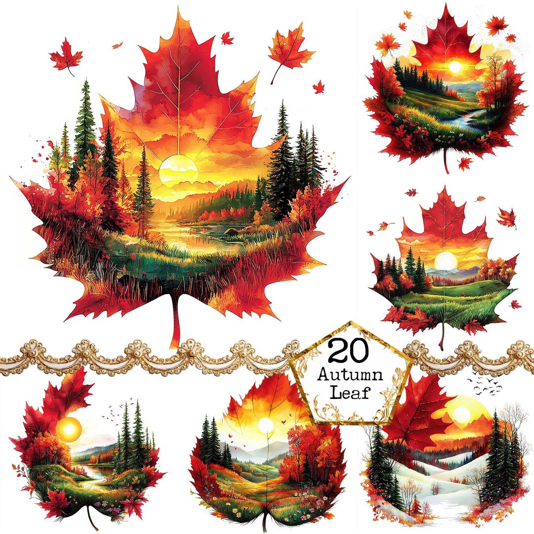JPEG Autumn Leaf Sublimation Design Clipart Bundle Fall Scenery Autumn ...