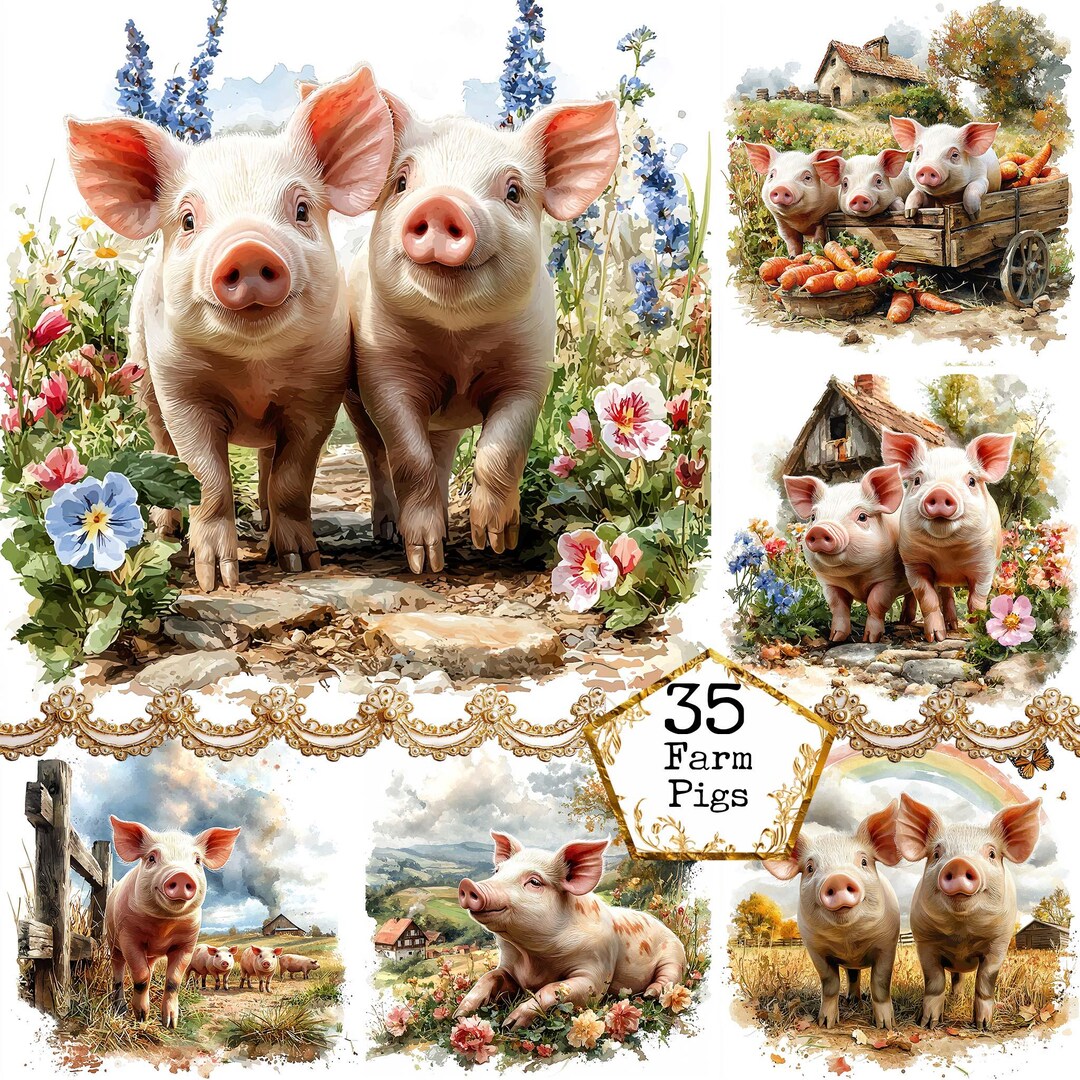 JPEG Three Farm Pigs in a Farm Yard Clipart Bundle Pig Clipart Cottagecore Barn Art Instant ...