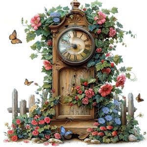 JPEG Vintage Overgrown Garden Clock Jpeg Floral Clock Vintage Clipart ...