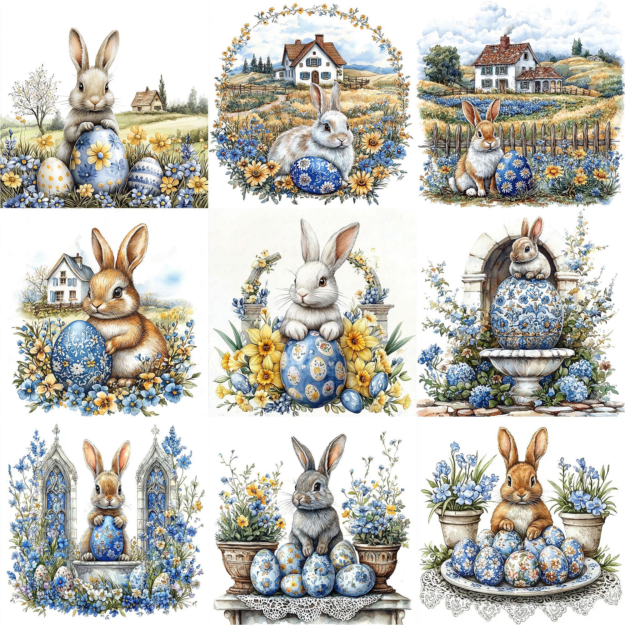 JPEG Watercolor Easter Bunny Scenes Clipart Bundle Big Collection ...