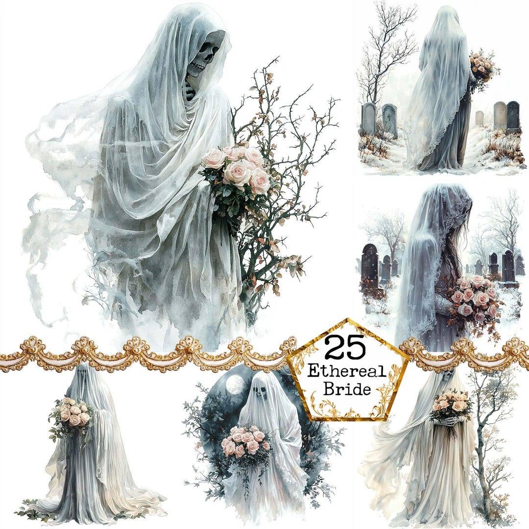 JPEG Watercolor Skeleton Bride Clipart Bundle Halloween Graphics Gothic ...