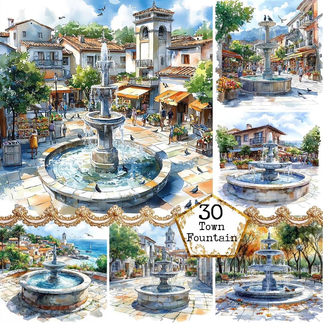 JPEG Watercolor Fountains Clipart Bundle City Square Fountain Art ...