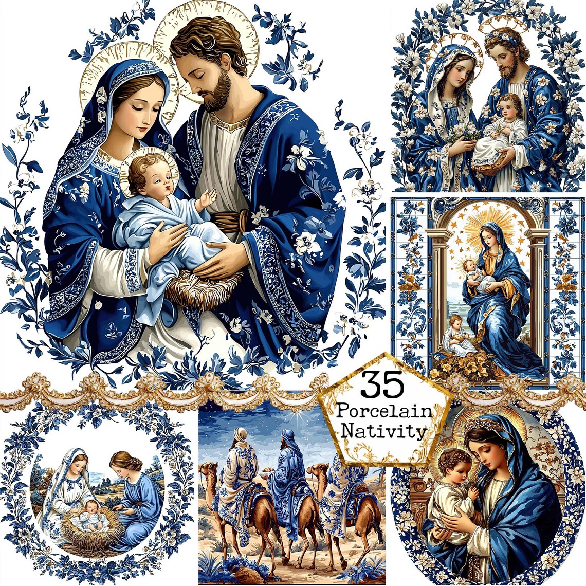 JPEG Antique Nativity Scene Tiles Clipart Bundle Mediterranean Tiles ...
