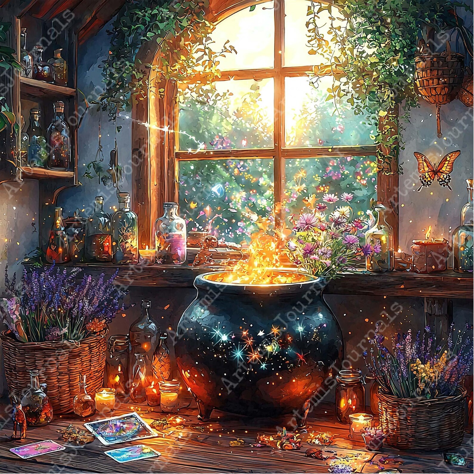 JPEG Whimsical Witch Corner Background Spell Book Potion Window Digital ...