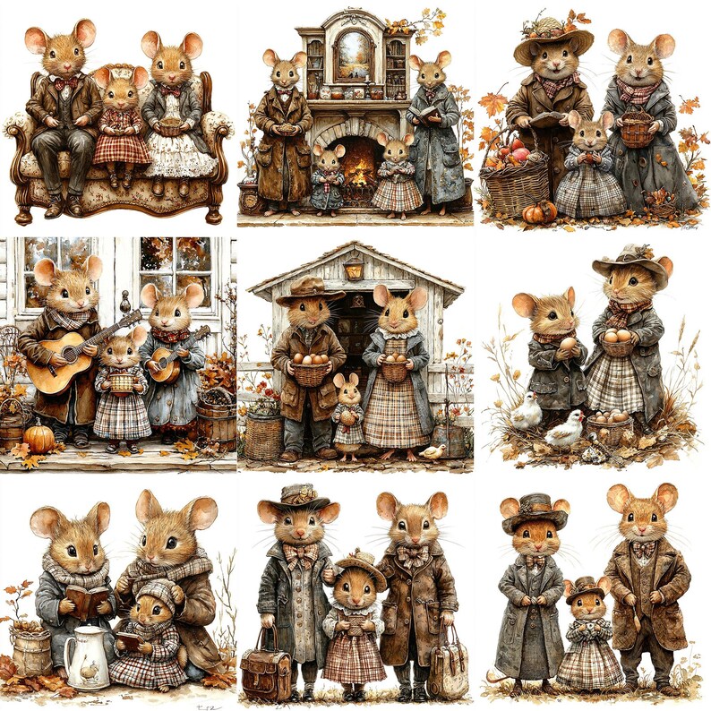 JPEG Vintage Mouse Family Clipart Bundle Cute City Mouses Victorian ...