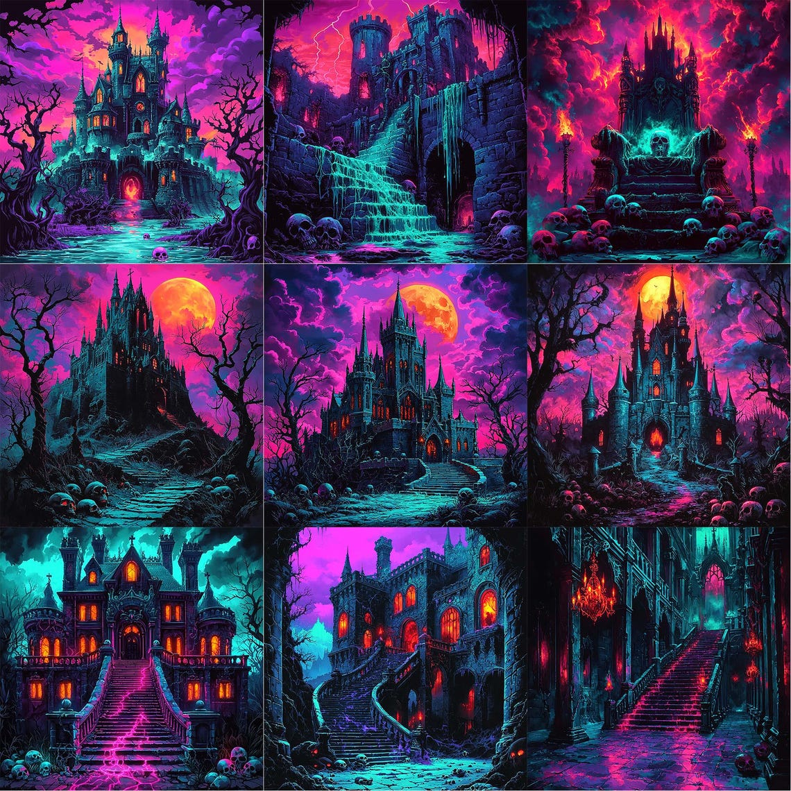 JPEG Electric Vibrant Haunted Castle Illustration Halloween Art ...