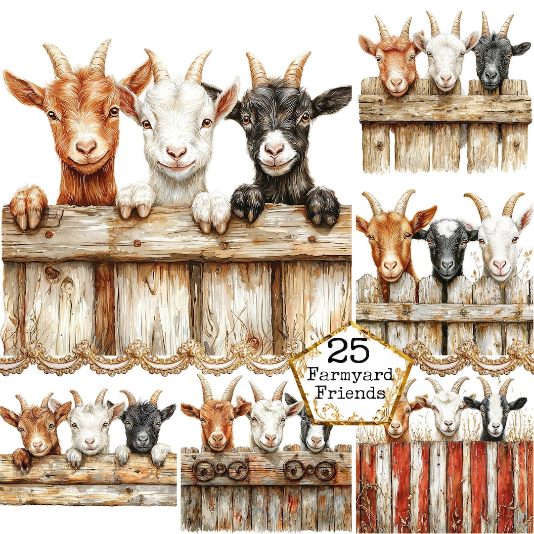 PNG + JPEG Watercolor Three Goats Behind Wooden Fence Clipart Bundle ...