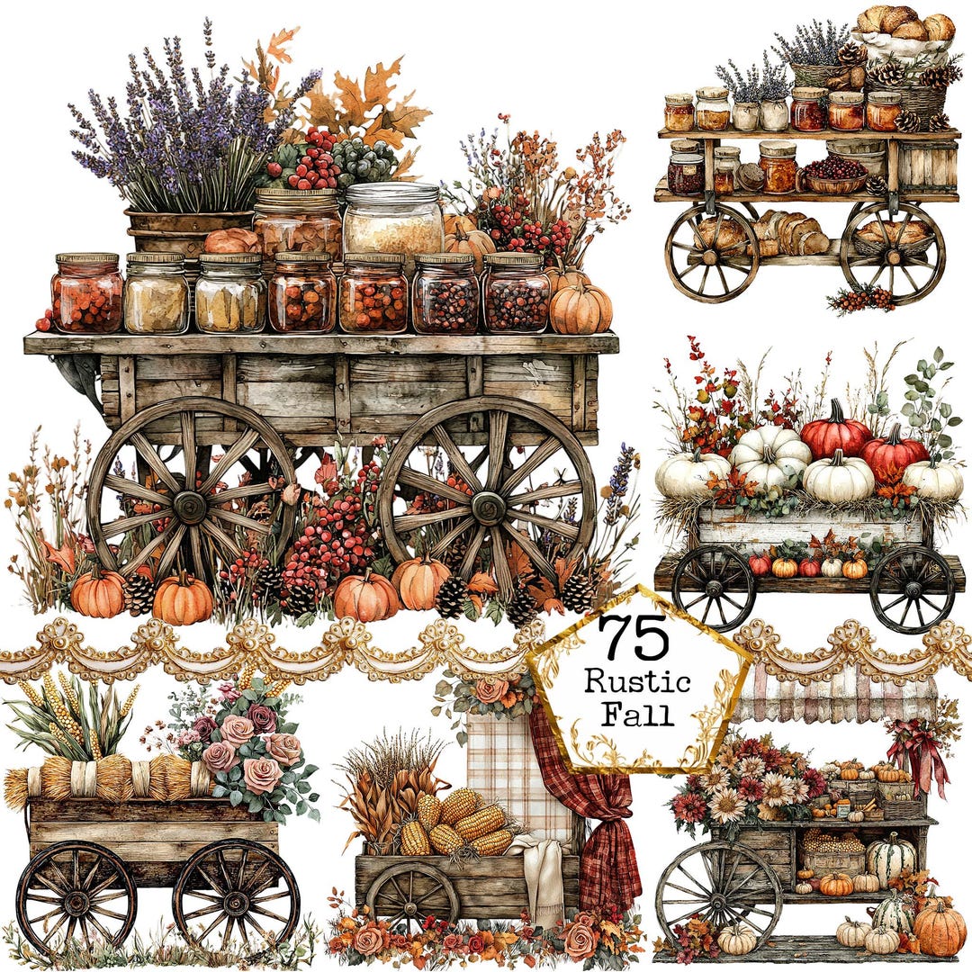 PNG + JPEG Watercolor Autumn Cart Clipart Bundle Harvest Clipart Fall ...