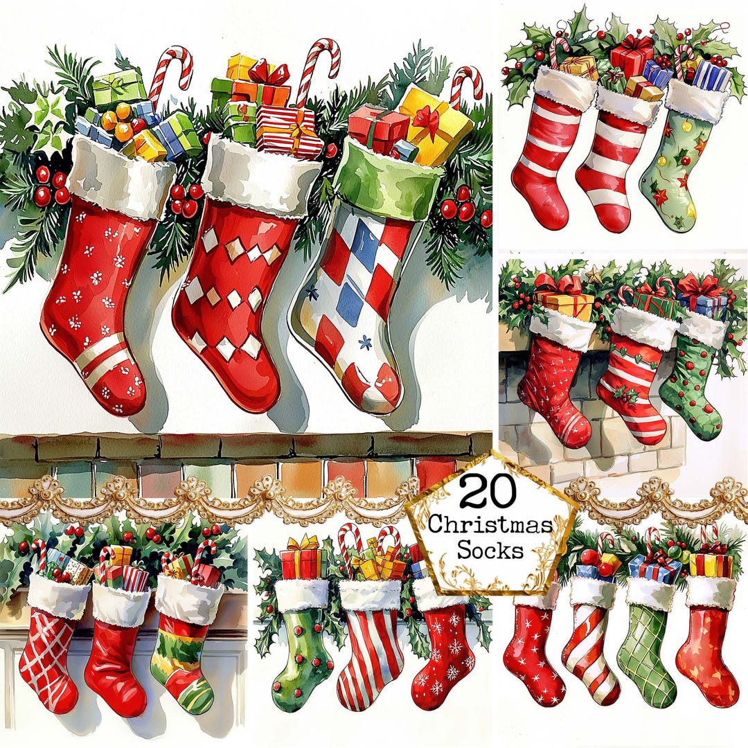 JPEG Watercolor Christmas Socks Clipart Bundle Christmas Clipart ...