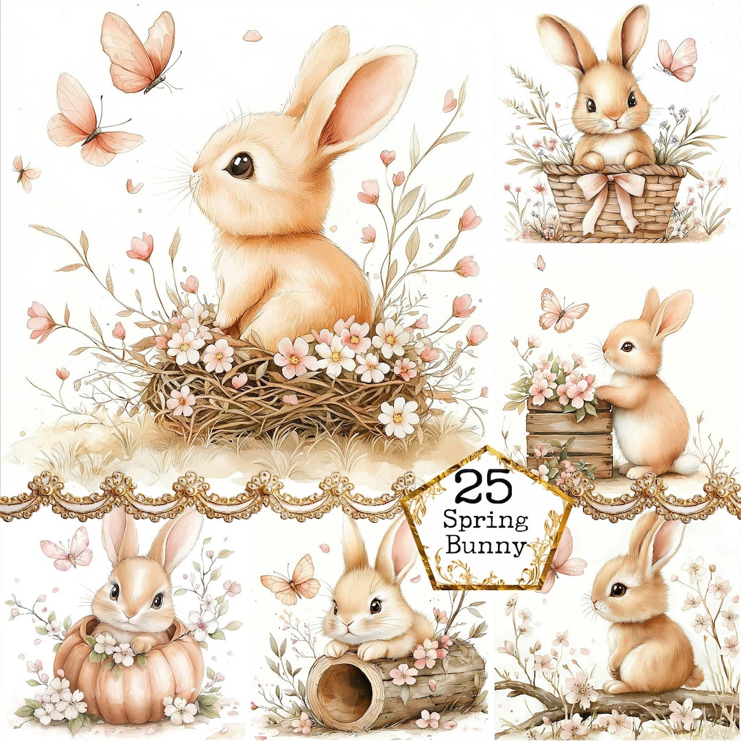 JPEG Watercolor Spring Rabbit Clipart Bundle Cute Bunny Clipart Spring ...