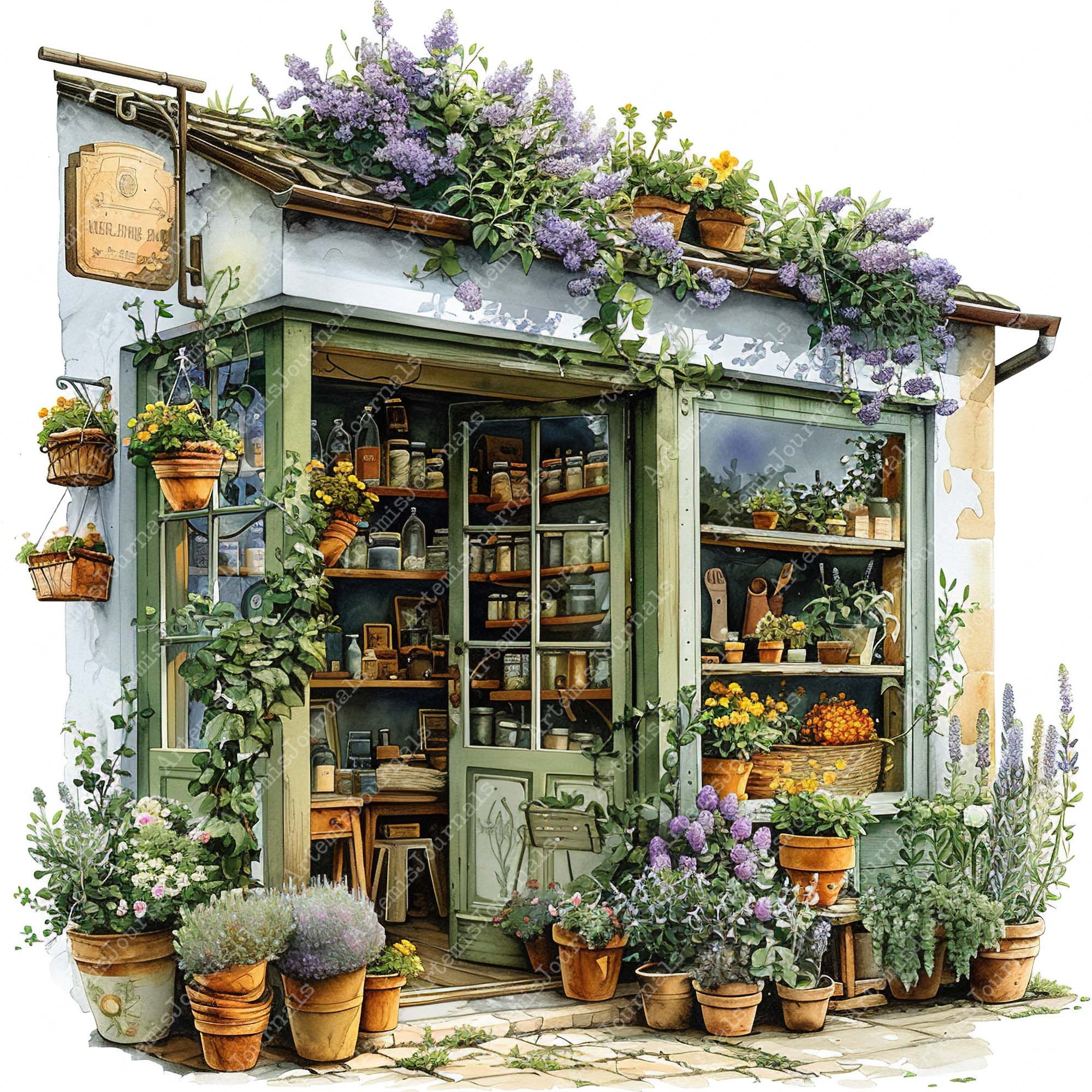 JPEG Watercolor Vintage Flower Shop Fronts JPEG Vintage Clipart Flower ...