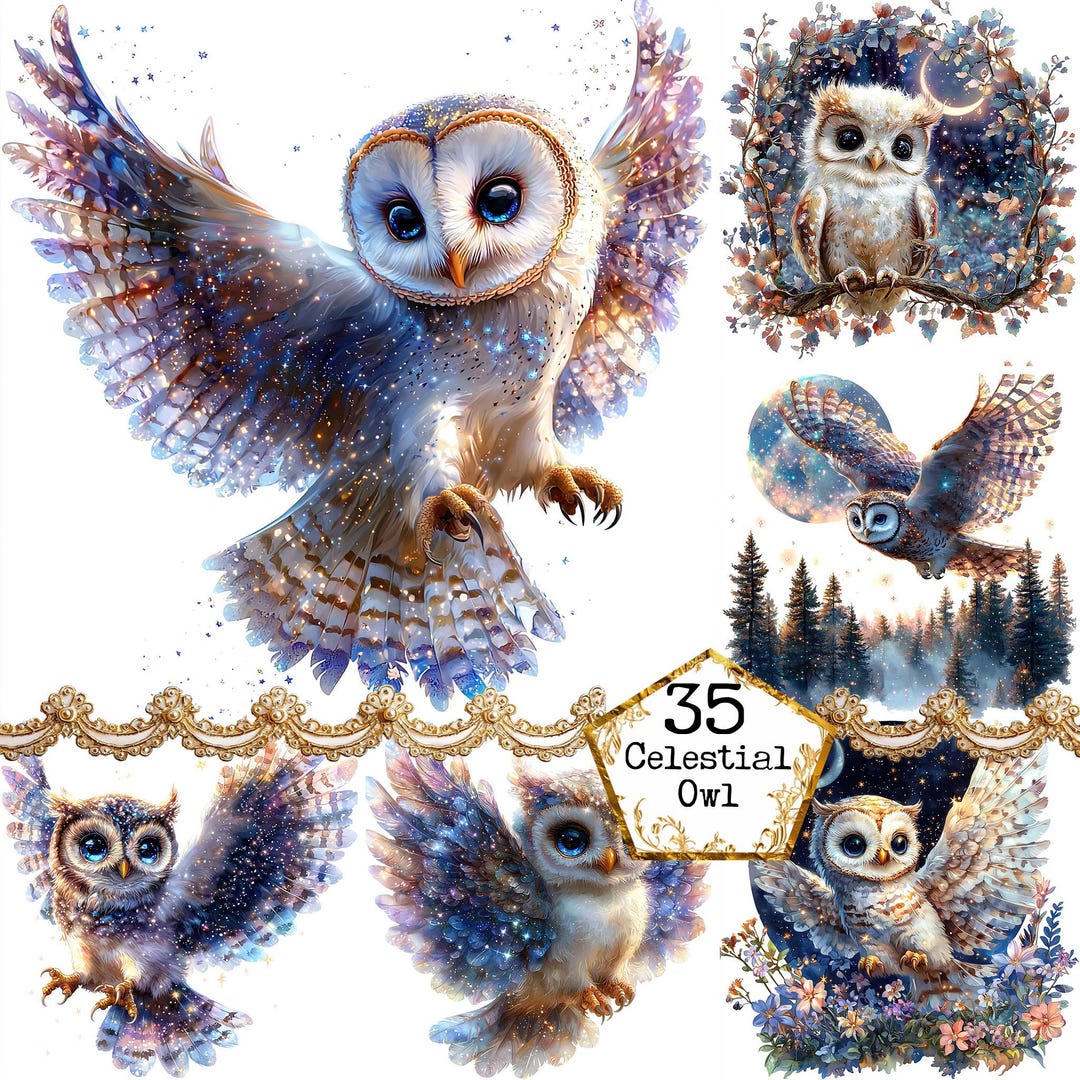 JPEG Celestial Owl Clipart Bundle Sparkling Glitter Owl Mystical Owl ...
