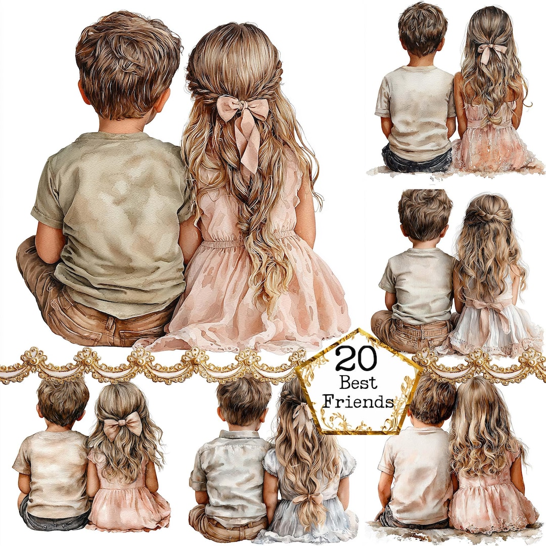 JPEG Watercolor Little Girl and Boy Best Friends Clipart Bundle ...