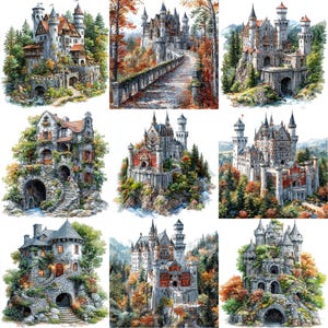 JPEG Watercolor Old Fantasy Castle Graphics Medieval Castle Clipart ...
