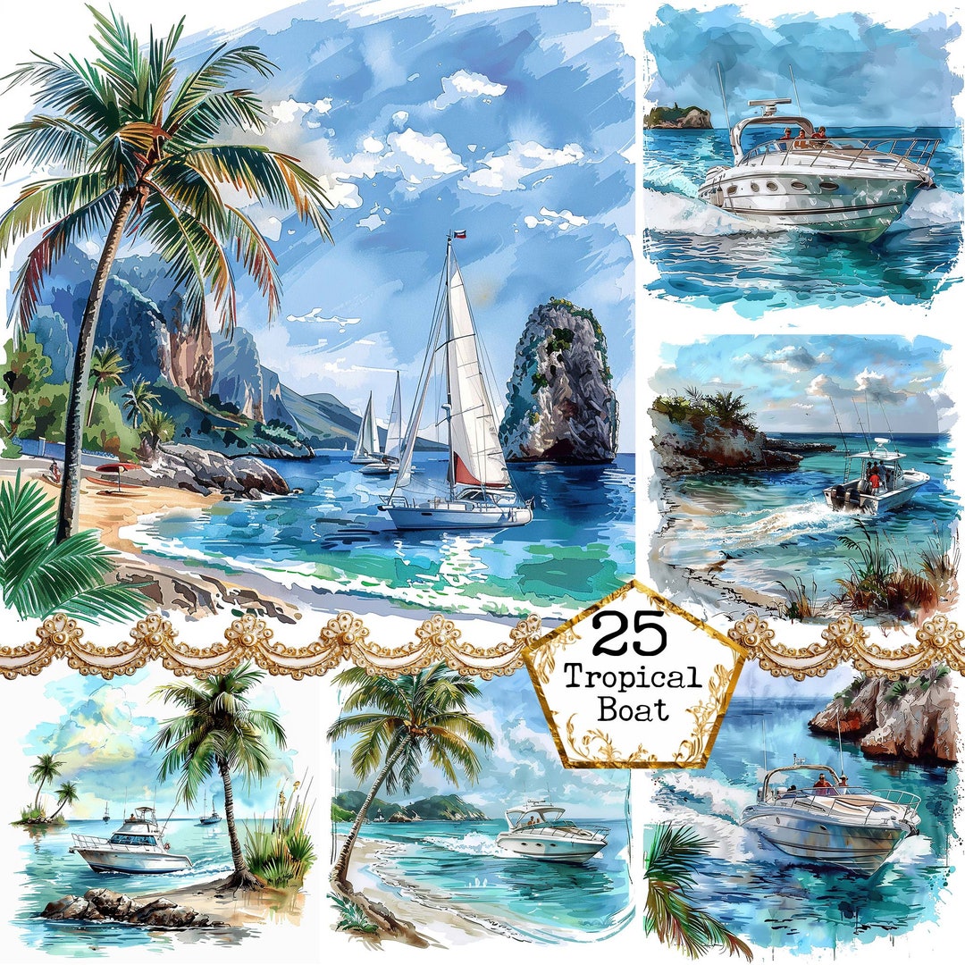 JPEG Watercolor Tropical Beach With a Boat Clipart Bundle Instant ...