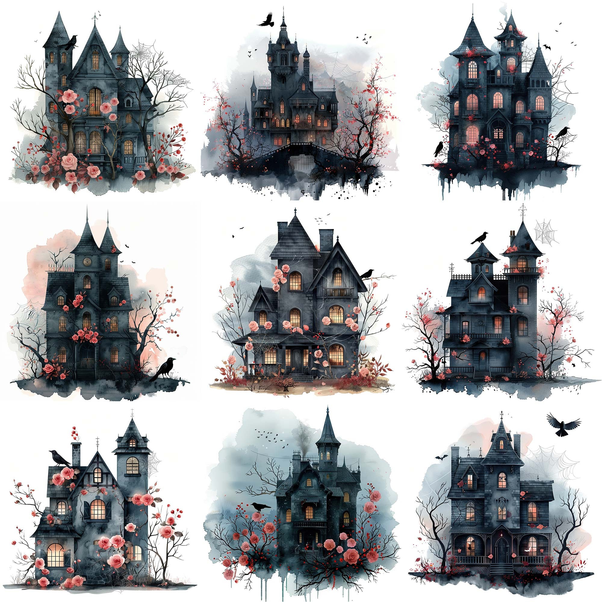 JPEG Watercolor Haunted House With Raven Clipart Bundle Halloween ...