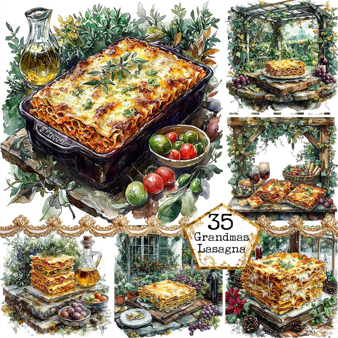 JPEG Watercolor Grandma's Lasagna Clipart Bundle Rustic Lasagna Clipart ...