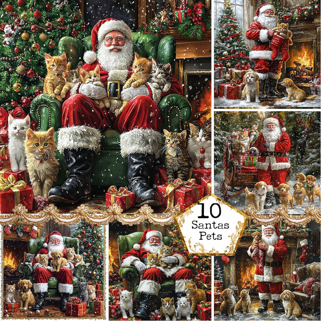 JPEG Christmas Santa Companions Graphics Santa Cats Dogs Fireplace Cozy ...