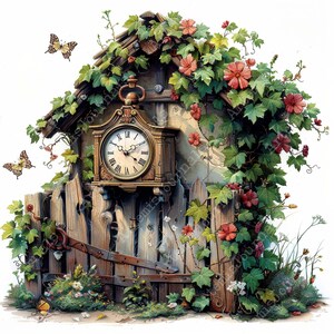 JPEG Vintage Overgrown Garden Clock Jpeg Floral Clock Vintage Clipart ...