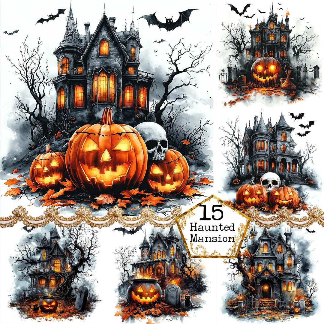 JPEG Watercolor Haunted Mansion Clipart Bundle Haunted House Halloween ...