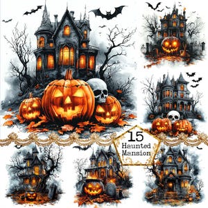 JPEG Watercolor Haunted Mansion Clipart Bundle Haunted House Halloween ...