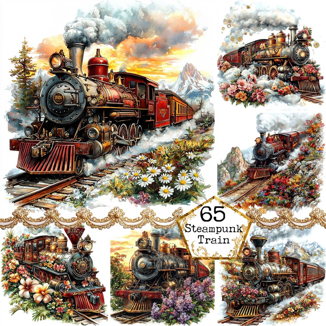 JPEG Watercolor Steampunk Train Vintage Train Spring Train Clipart ...