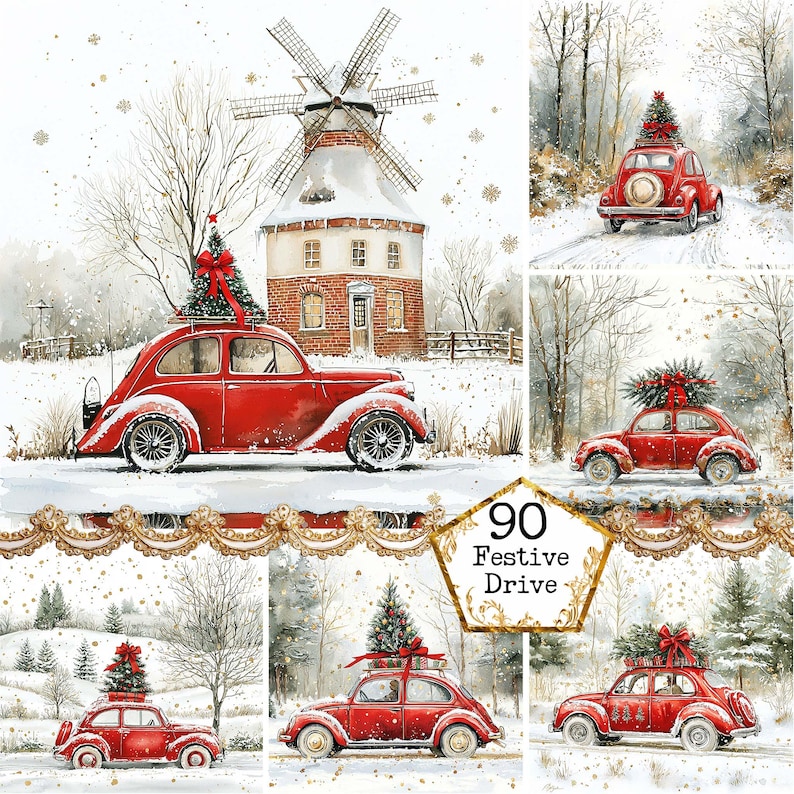 JPEG Watercolor Christmas Clipart Bundle Vintage Christmas Drive Tree ...