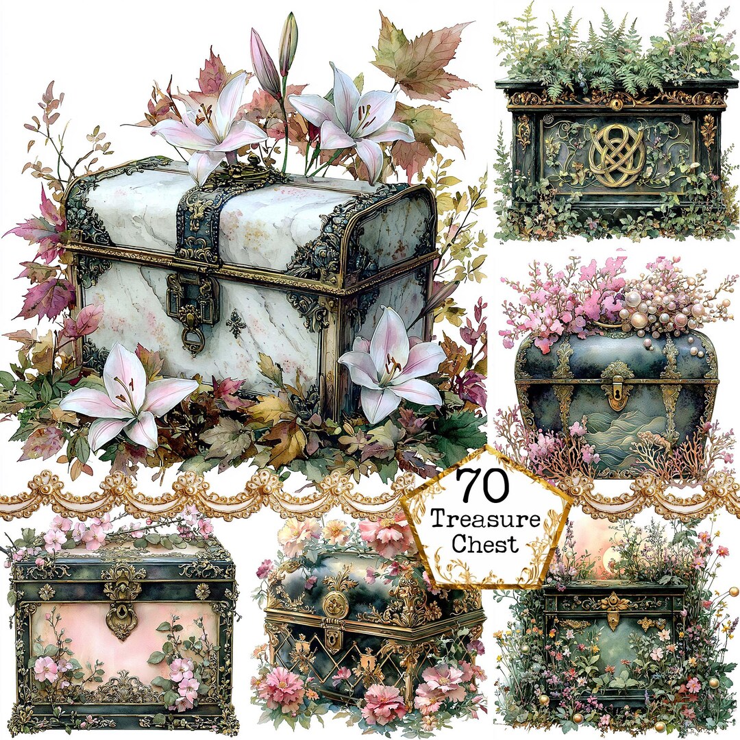 JPEG Watercolor Floral Treasure Chest Clipart Bundle Instant Download ...