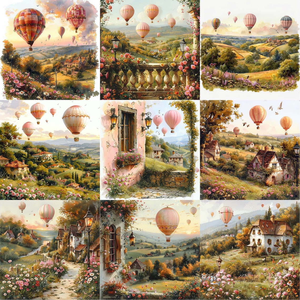 JPEG Shabby Chis Small Village and Air Balloons JPEG Instant Download ...