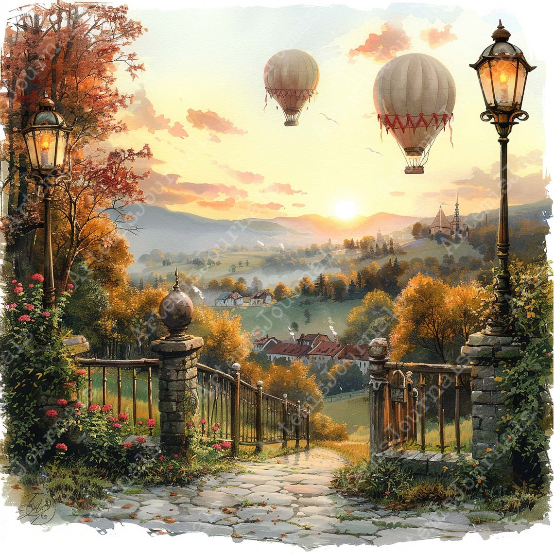 JPEG Shabby Chis Small Village and Air Balloons JPEG Instant Download ...
