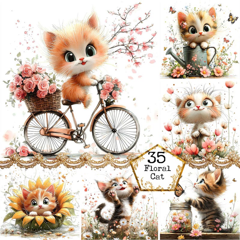 Spring Cat Clipart - Etsy