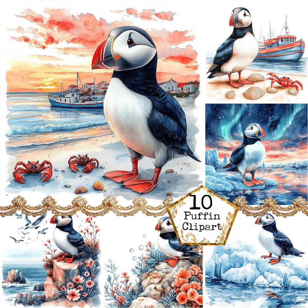 JPEG Watercolor Puffin Clipart Bundle Summer Beach View Sunset Beach ...