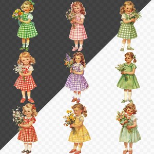 Retro Spring Girl Clipart Bundle Floral Girl Cute Little Child PNG ...