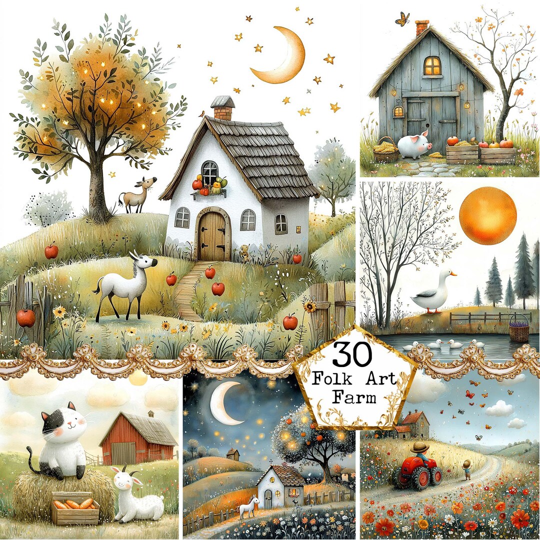 JPEG Watercolor Folk Art Farm Yard Graphics Whimsical Farm Animals Farm ...