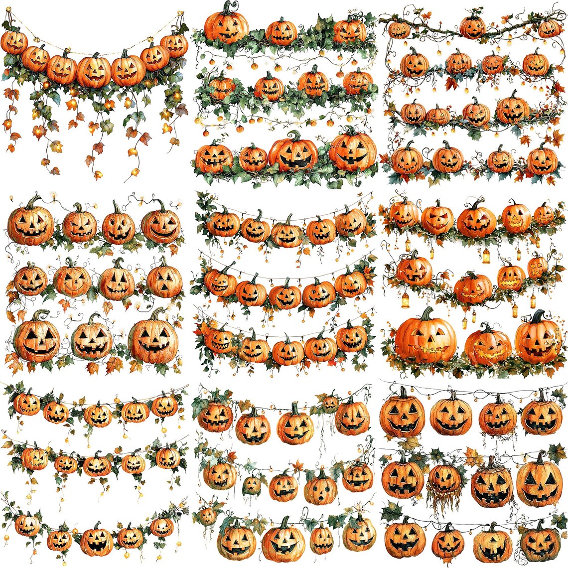 PNG + JPEG Watercolor Jack-o'-lantern Garland Clipart Bundle Watercolor ...