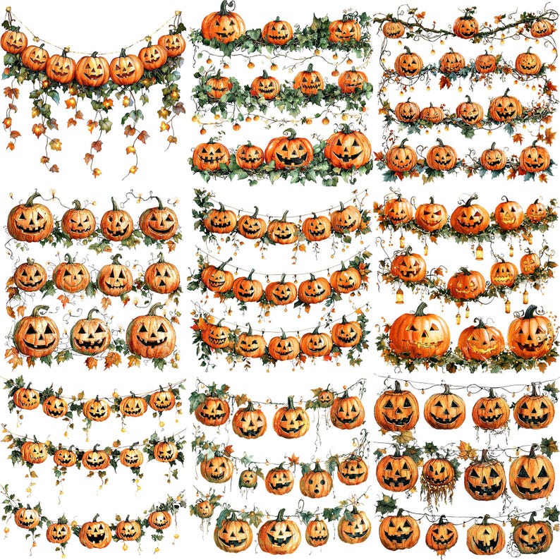 PNG + JPEG Watercolor Jack-o'-lantern Garland Clipart Bundle Watercolor ...