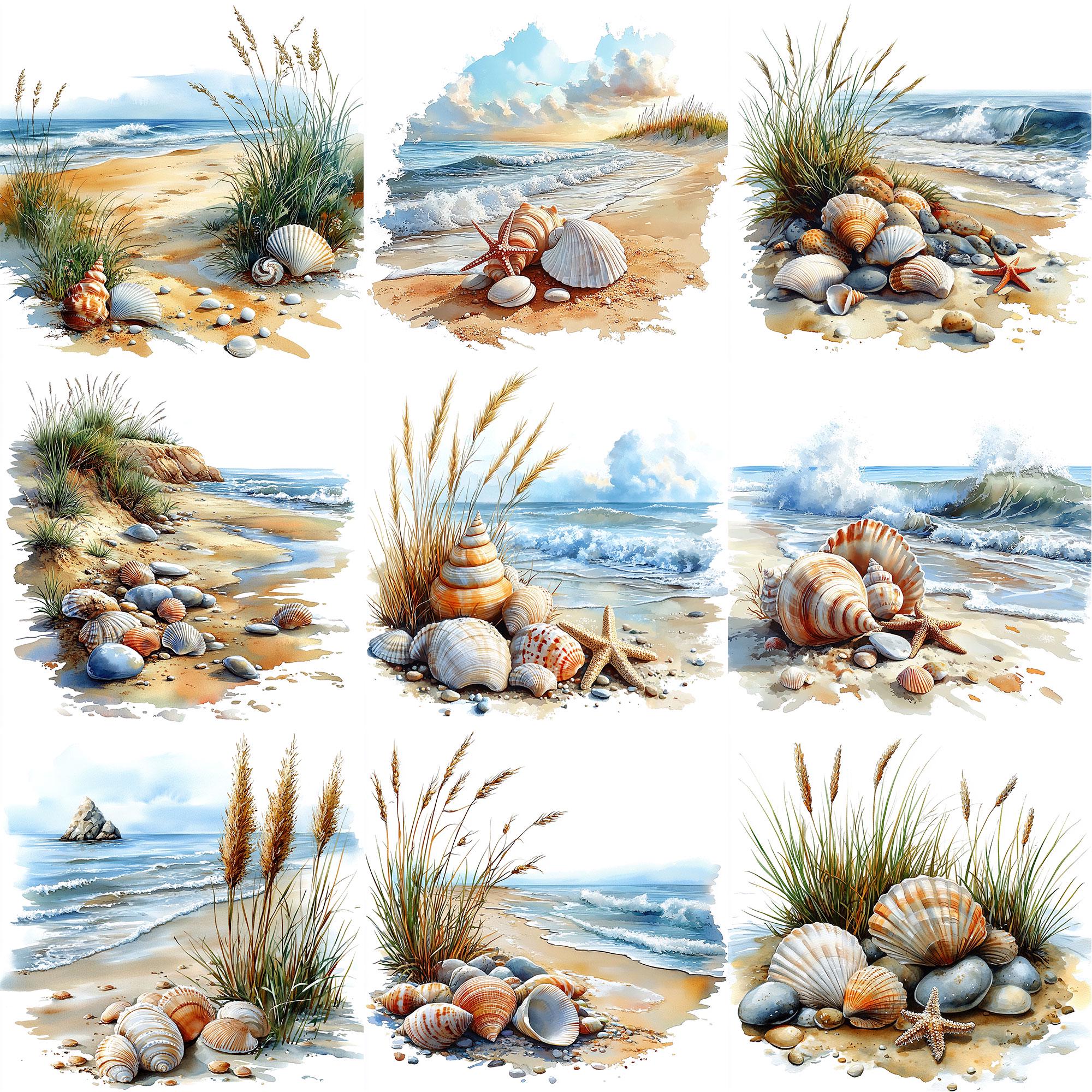 JPEG Watercolor Seashell on the Beach Clipart Bundle Overgrown Beach ...