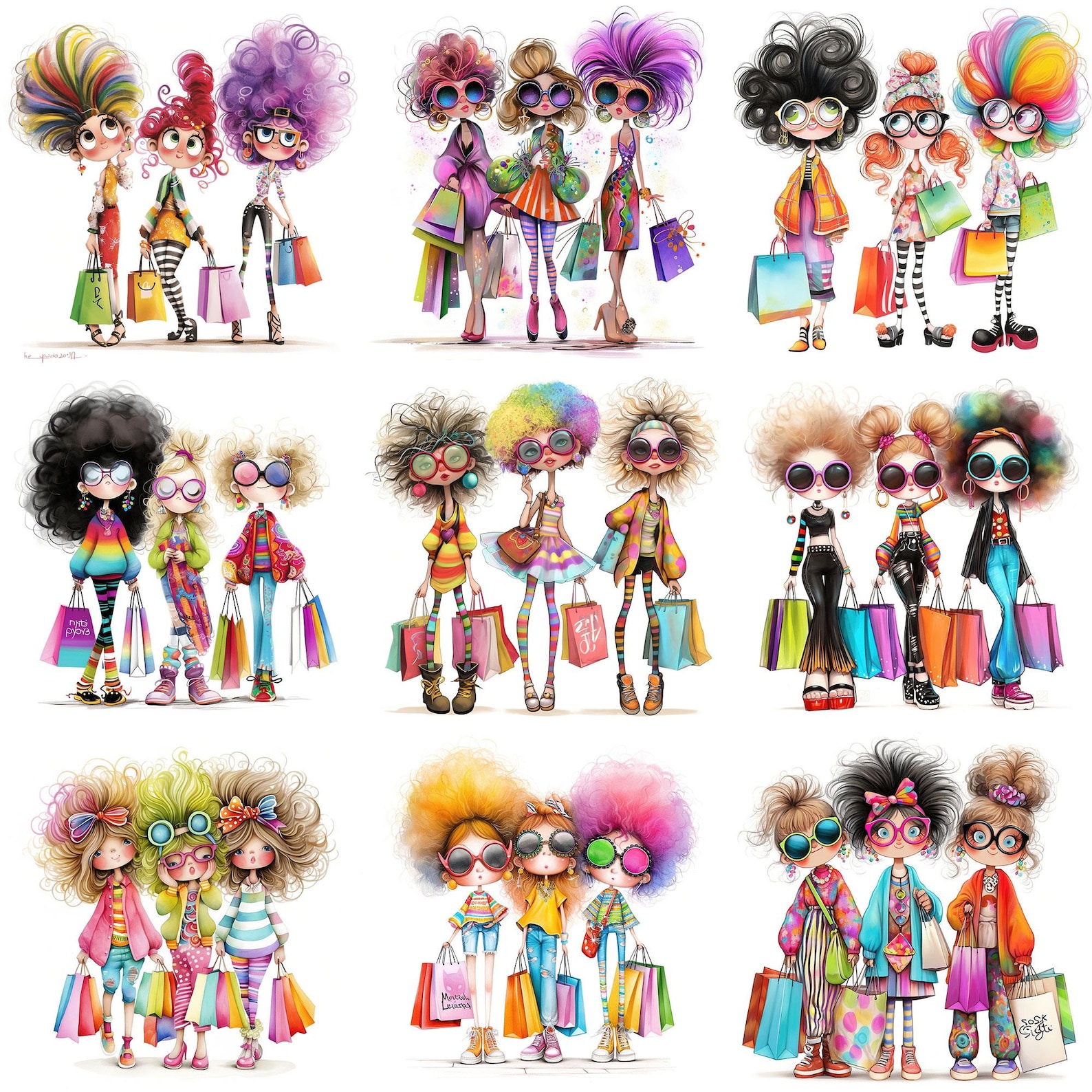 JPG Watercolor Retro Quirky Shopping Girls Clipart Bundle Whimsical ...