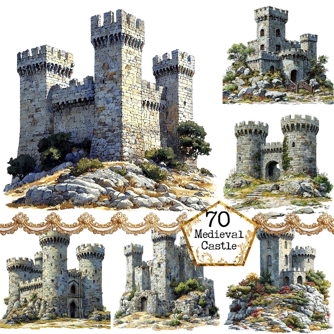 PNG + JPEG Watercolor Stone Medieval Castle Clipart Bundle Early ...