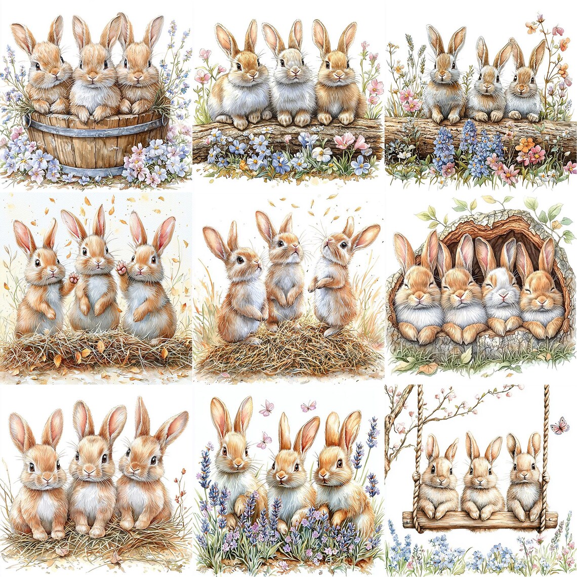 JPEG Watercolor Spring Bunnies Clipart Bundle Floral Rabbits Clipart ...